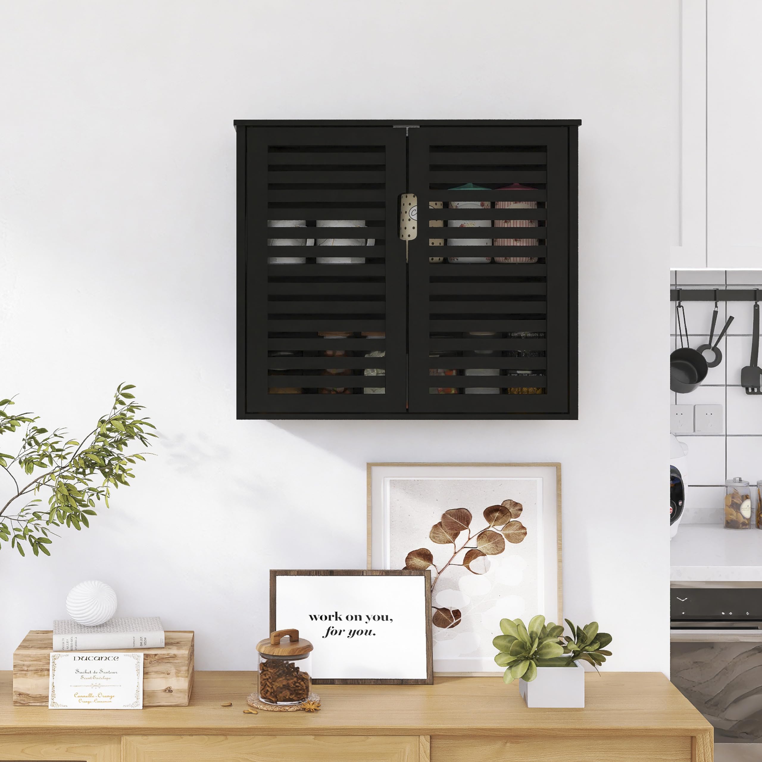 HITNET Black Bathroom Storage Cabinet, Hanging Medicine Cabinet with Adjustable Shelf, Bamboo Over The Toilet Wall Mounted Space Saver Organizer, Double Doors