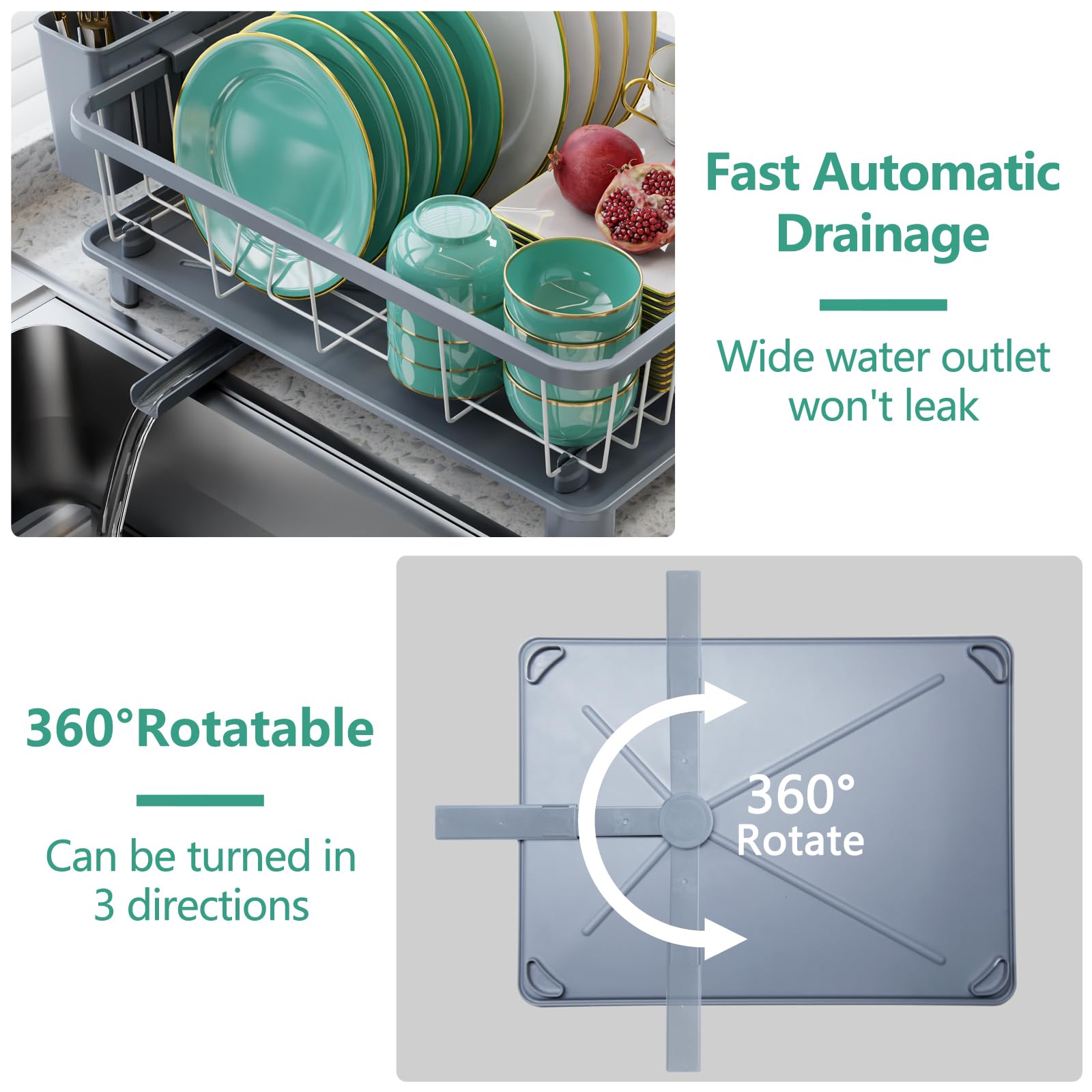 Hiviweer Dish Drying Rack - Space-Saving Dish Rack,Dish Racks for Kitchen Counter with Drainboard, Rustproof Dish Drainer with a Removable 4-Compartment Utensil Holder,Gray