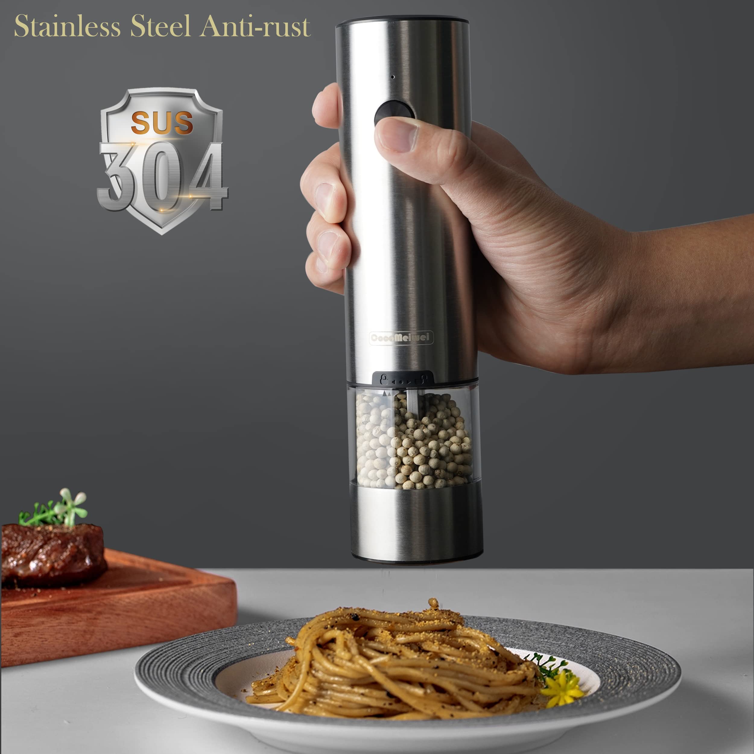 CocoMeiwei Salt and Pepper Grinder Set, Electric Pepper Grinder 2 Pack USB Rechargeable,Stainless Steel Push-button Pepper Mill, Adjustable Coarseness, One Hand Automatic Salt and Pepper Grinder