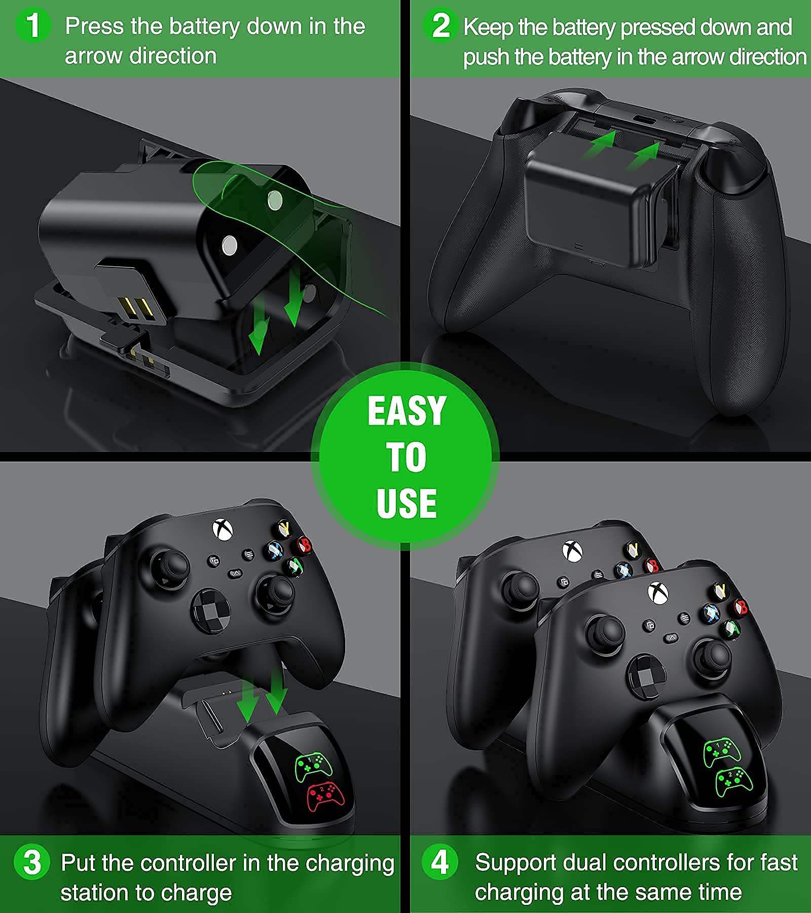 Controller Charger for Xbox One & Series X|S, Charging Station w/2x1550mAh Rechargeable Battery Packs Compatible with Xbox One/Series X|S/Elite Controller, Additional Battery Doors