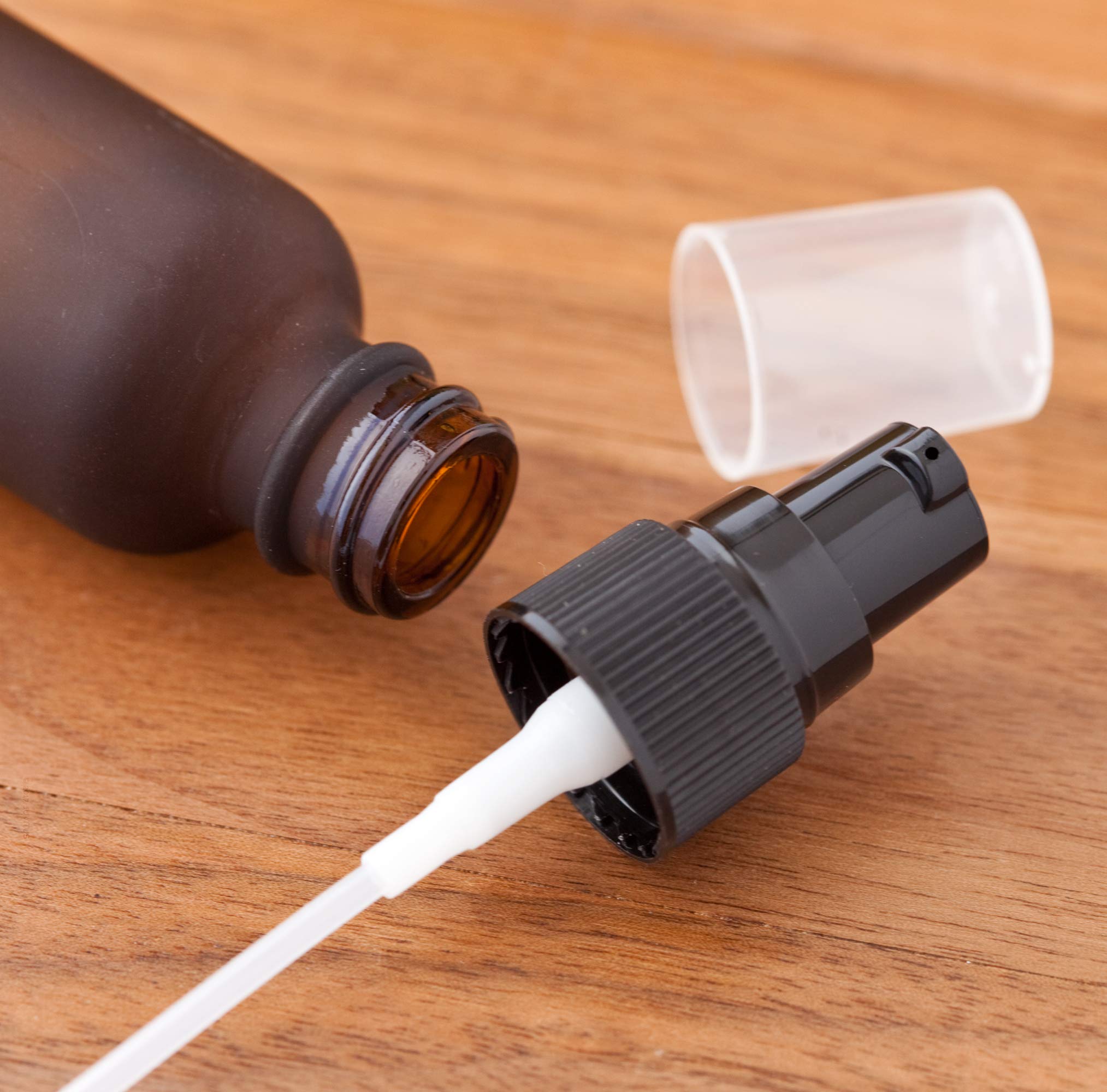 JUVITUS 1 oz / 30 ml Frosted Amber Glass Boston Round Bottle with Black Treatment Pump (12 pack) + Funnel