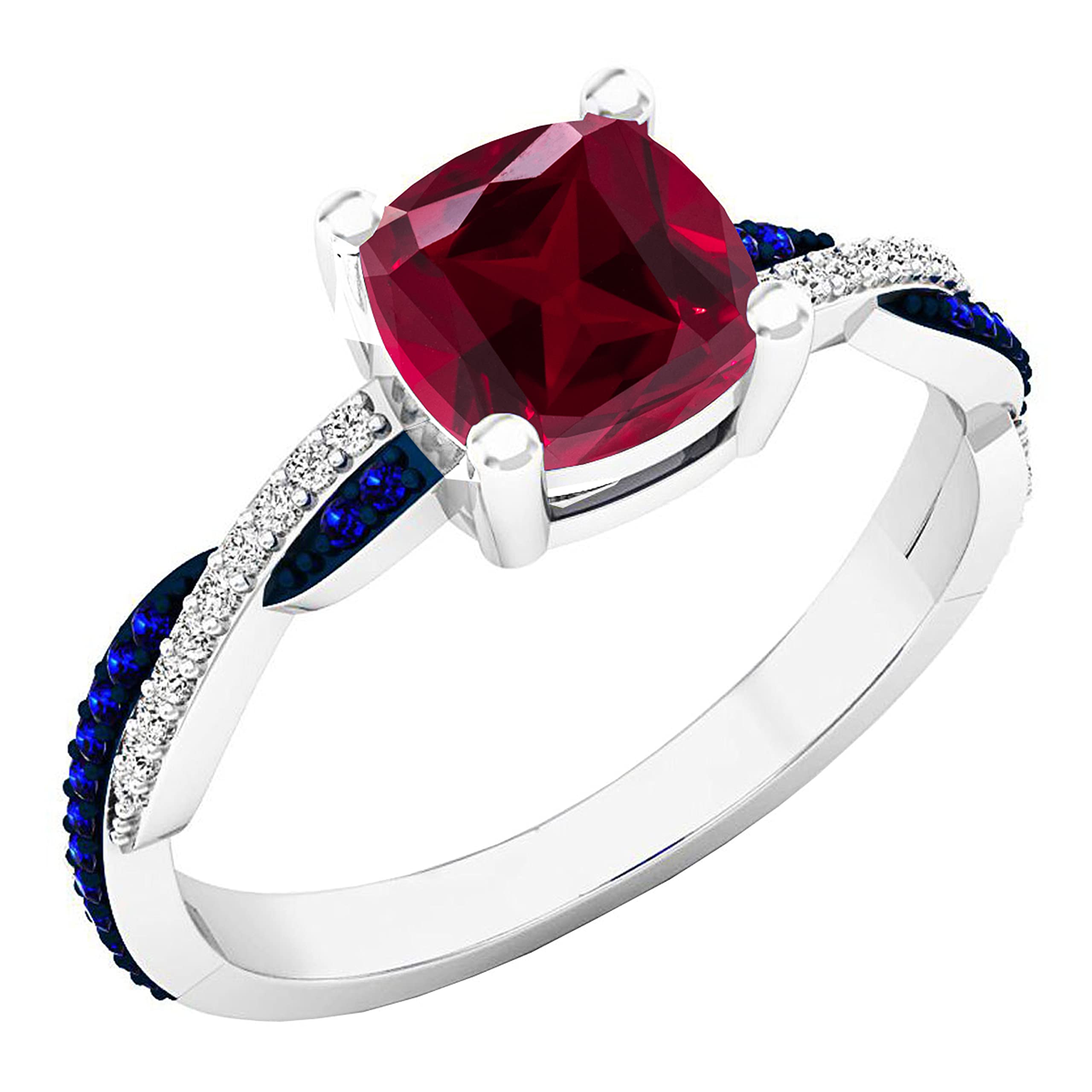 Dazzlingrock Collection 6 MM Cushion Lab Created Ruby with Round Blue Sapphire & Diamond Women Engagement Ring | 14K White Gold, Size 8.5