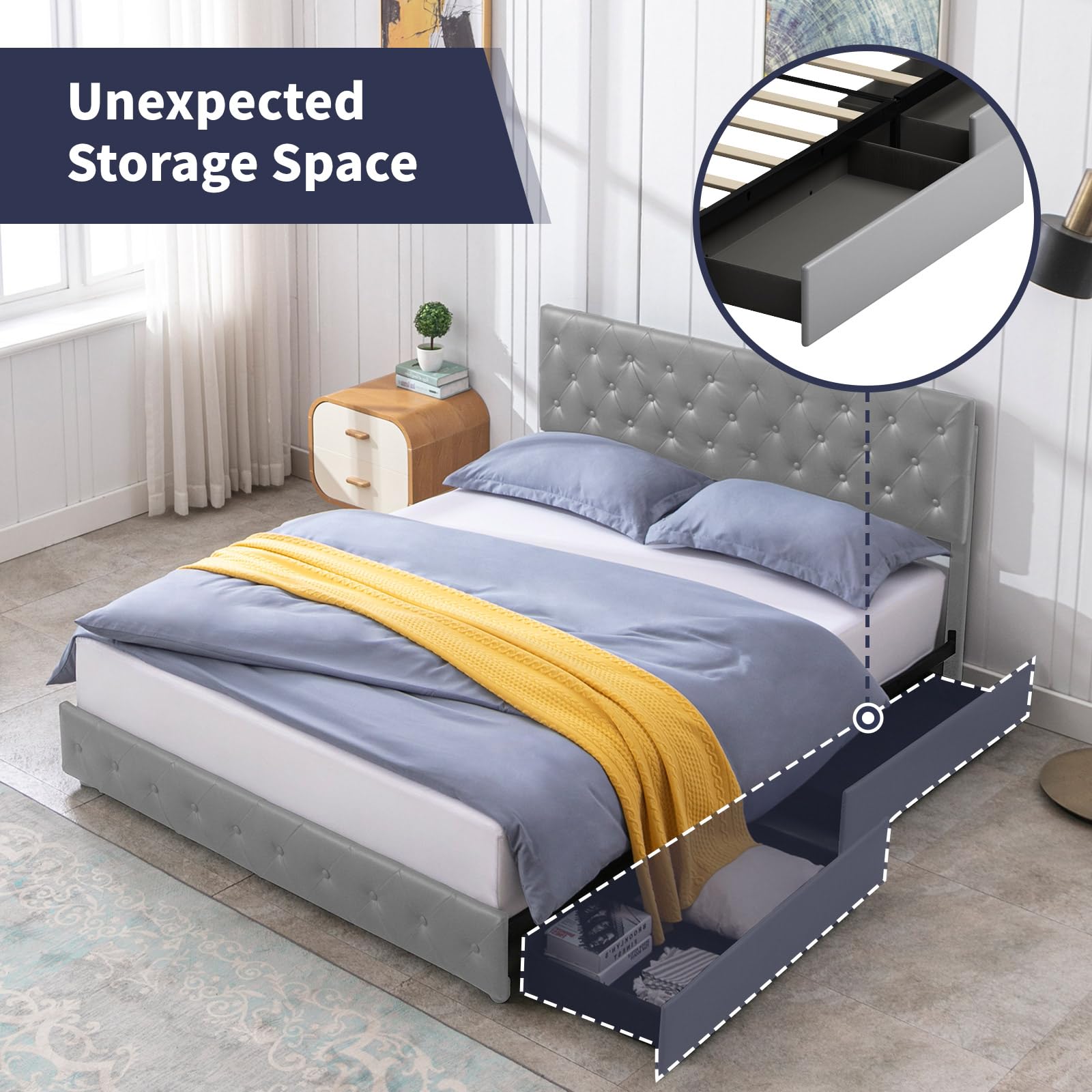 ijuicy PU California King Size Bed Frame, Platform Bed Frame w/Adjustable Headboard, 4 Storage Drawers and Wood Slats Support/No Box Spring Needed/Easy Assembly-Cal King, White