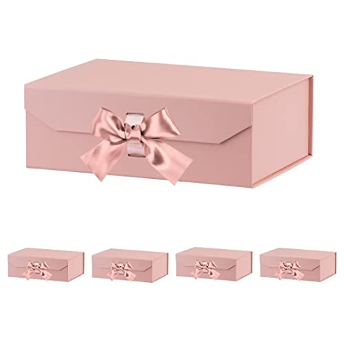 MUMUPACK 5 Pink Gift Boxes with Lid for Presents 8x7x3.3 Inches with Ribbon and Magnetic Closure, Collapsible Matte Textured Finish Box for Mother's Day, Birthdays, Bridal Gifts,Weddings