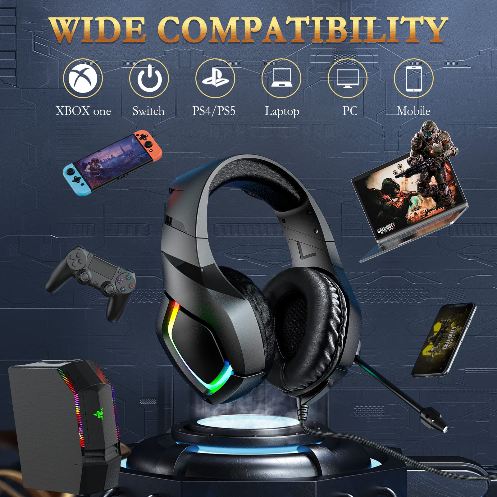 Gaming Headset for PS4 PS5 Xbox one PC, PS4 Headset with Noise Cancelling Mic, RGB Light, Soft Memory Earmuffs for Mac Laptop