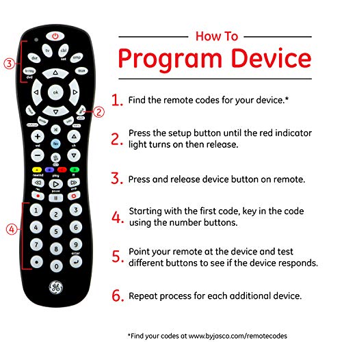 GE Universal Remote Control for Samsung, Vizio, Lg, Sony, Sharp, Roku, Apple TV, TCL, Panasonic, Smart TVs, Streaming Players, Blu-Ray, DVD, 6-Device, Black, 34459