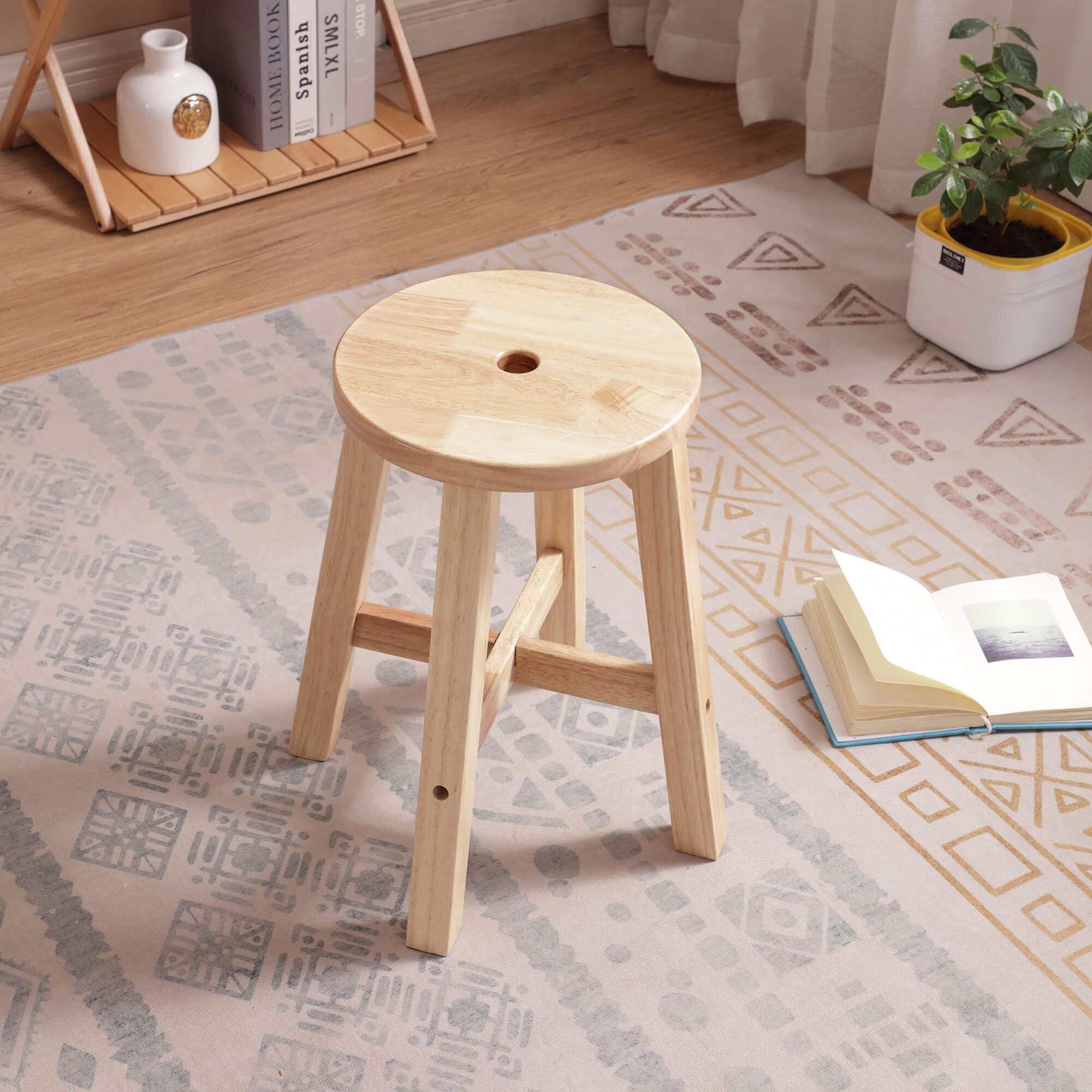 Lestar Round Wooden Stool,Solid Wood Stools,18 Inch Height Solid Wood Plant Stool,Small Wooden Stool for Bedroom Living Room