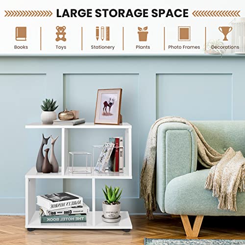Giantex 3-Tier Geometric Bookshelf, 24ββ Tall Wood S-Shaped Display Shelves with Thick Foot Pads, Freestanding Open Shelves Nightstand, Floor Standing Display Shelf Bookcase