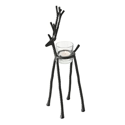 Rustic Reindeer Votive Candle Holders, Set of 3, Handmade, Forged Black Aluminum, Glass Cups, 10.25, 14.25, and 20 Inches
