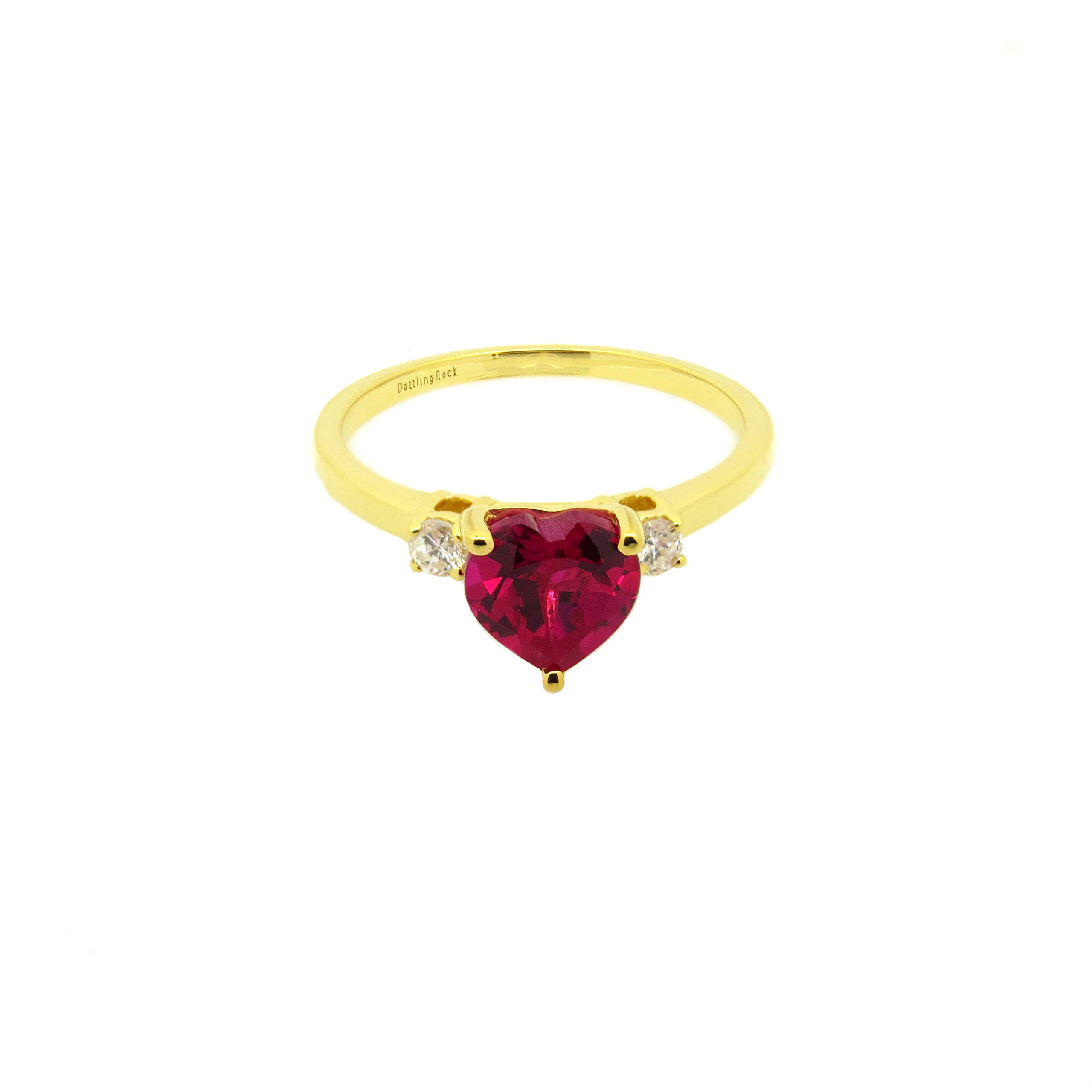 Dazzlingrock Collection 7mm Heart Lab Created Ruby & Round White Diamond 3 Stone Engagement Ring for Women in 10K Solid Yellow Gold Size 9