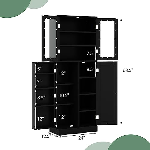 Giantex 63.5" Pantry Organizers and Storage, Freestanding Tall Storage Cabinet for Kitchen Bathroom Living Room Office, Wooden Utility Cupboard with Glass Doors & Shelves, 12.5"x24"x63.5" (Black)