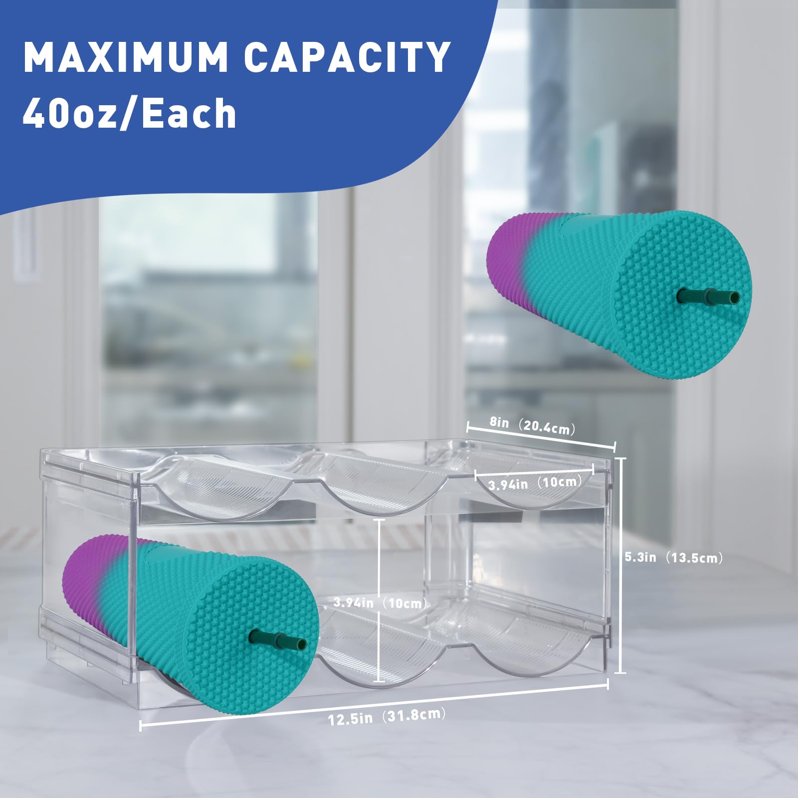 HOGARSWE Water Bottle Organizer, Storage Holder for Kitchen Organization,Fridge, Pantry,Cabinet,Countertop,Cupboard- Plastic Cup Rack Shelf for Wine,Drinks- 2 Layers,Each Rack Holds 3 Containers,Clear