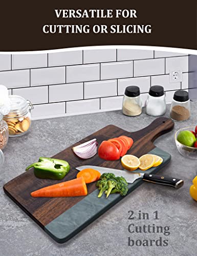 Fkksparkler Cutting Board with Marble and Wood, 16.5”X 7” Cheese Board with Handle,Serving board for Bread, Cheese, Meat, Fruits, and Vegetables, Charcuterie Boards for Kitchen as Serving Trays
