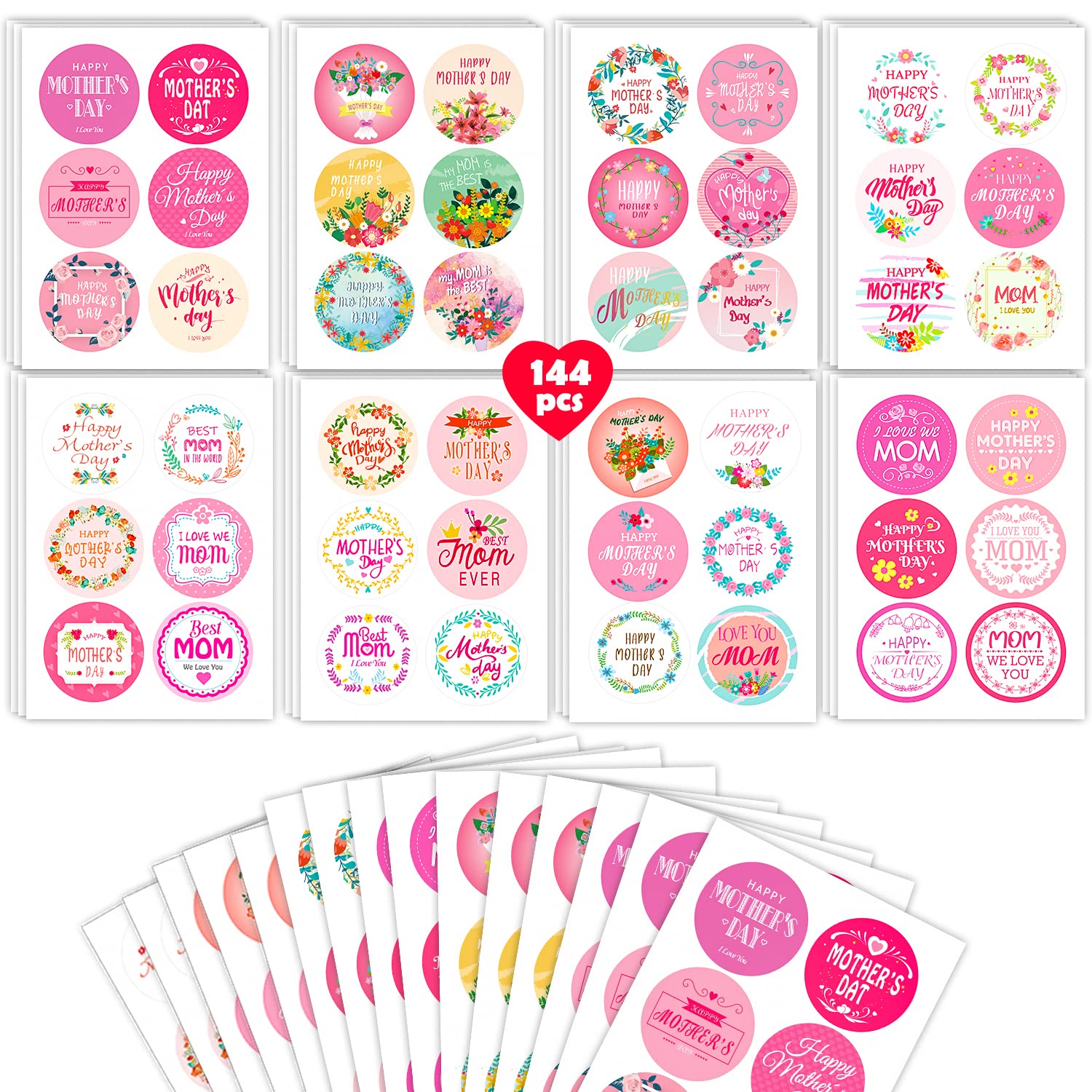 Partywind Mother's Day Stickers Tags Labels, 144 PCS Self-Adhesive Happy Mothers Day Stickers for Cards Birthday, Mothers Day Decorations for Party Supplies Favors