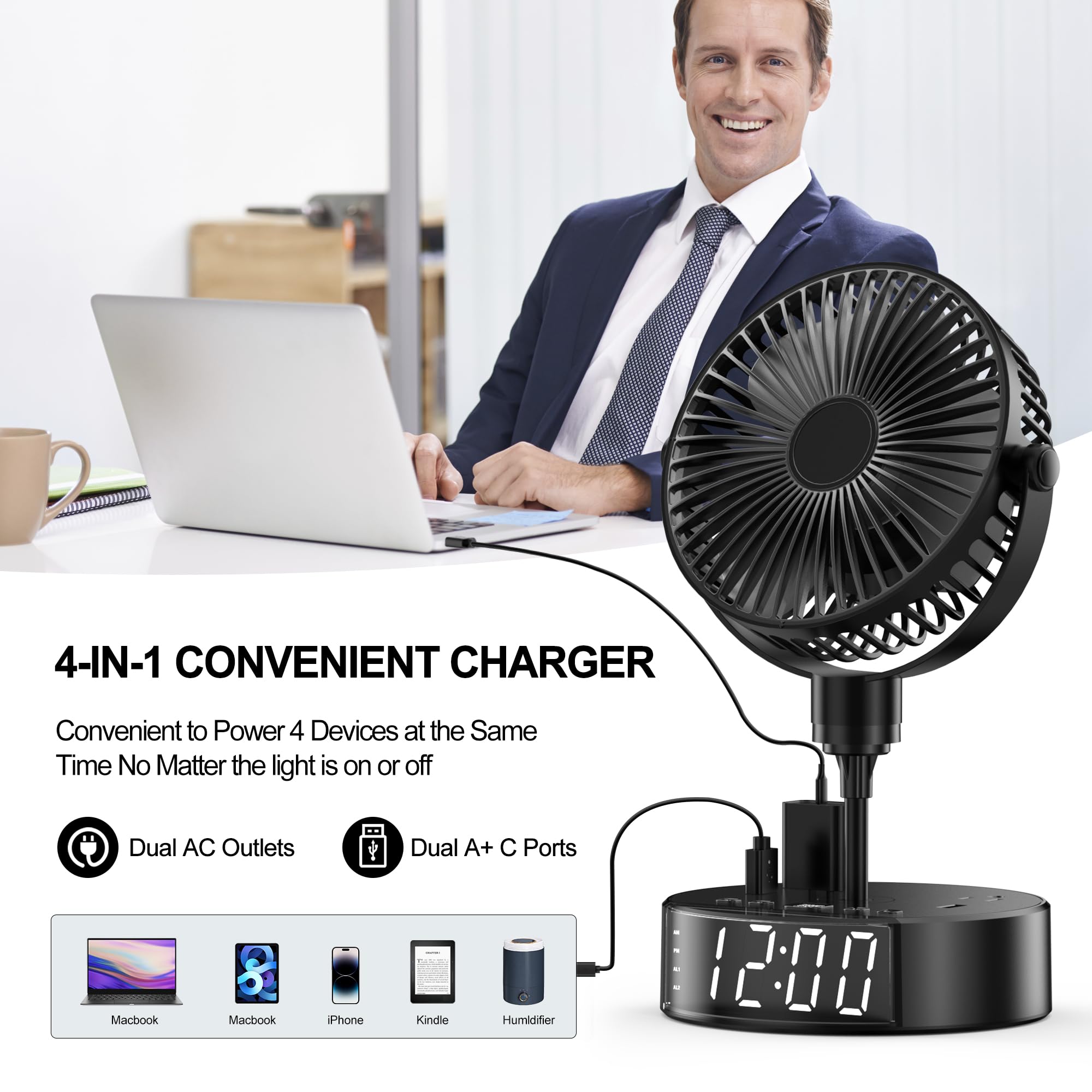 Fereowth Quiet Desk fan,Office Fan with 2 USB Charging Ports,Table Fan with 2 AC Power Outlets ,Bedroom Fan with Timer Alarm.Personal Fan for Home,Strong Wind, Quiet Operation(black gray)