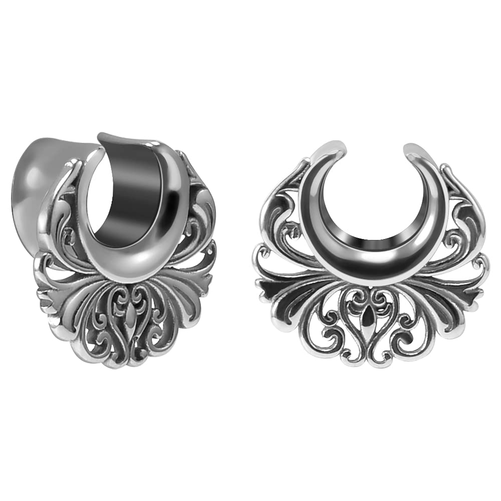 COOEAR 1 Pair Silver and Black Notched Flower Vine Ear Expander Gauges Flesh Earrings Plugs And Tunnels.