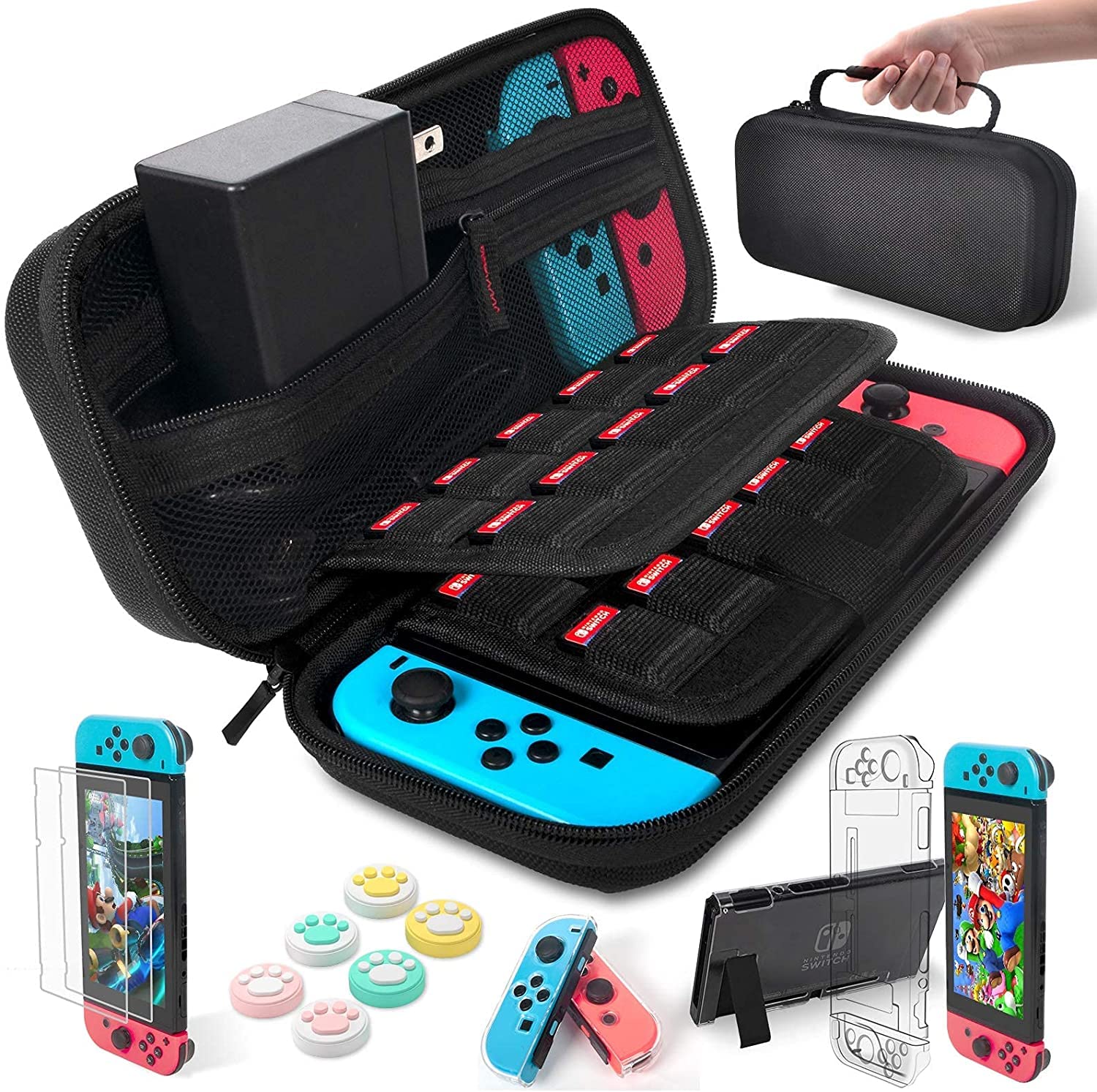 daydayup Compatible with Nintendo Switch Accessories Bundle Kit Case 9 in 1 Pouch Switch Cover Case HD Switch Screen Protector Thumb Grips Caps for Nintendo Switch Console Accessories