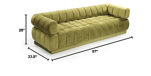Iconic Home Quebec Sofa Velvet Upholstered Vertical Channel-Quilted Shelter Arm Tufted Design Modern Contemporary, Green