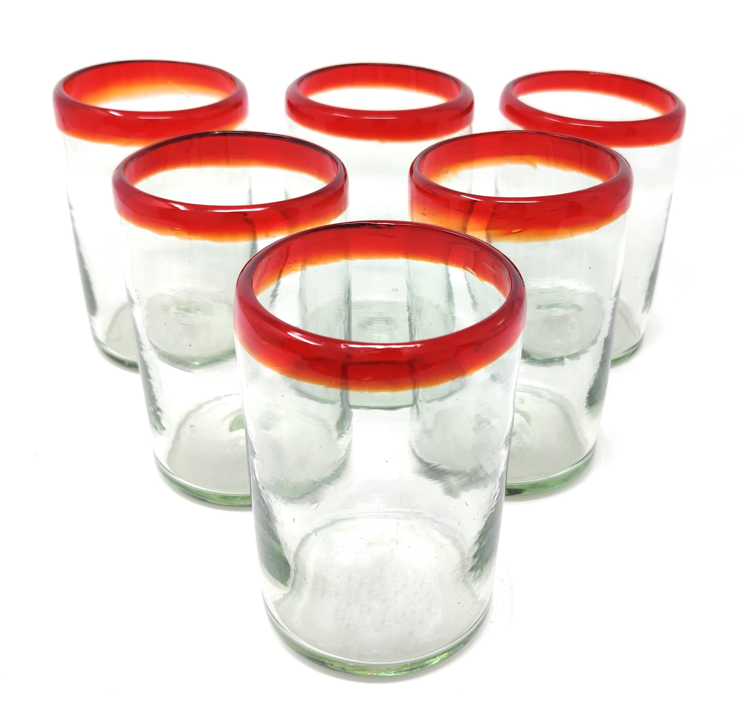 Dos Sueños Hand Blown Mexican Drinking Glasses - Set of 6 Glasses with Red Rims (14 oz each)
