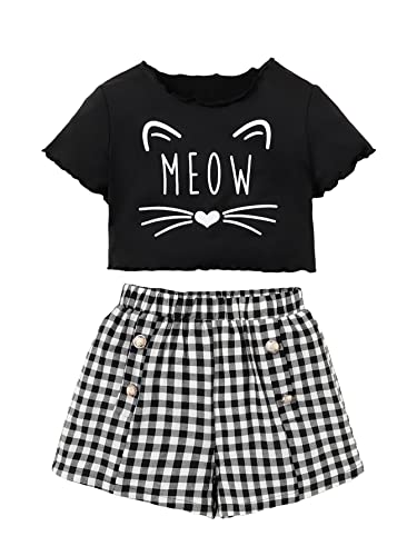 SOLY HUX Girl's Cute 2 Piece Outfits Letter Graphic Lettuce Trim Short Sleeve Tee Tops and Plaid Shorts Set Black and White 160
