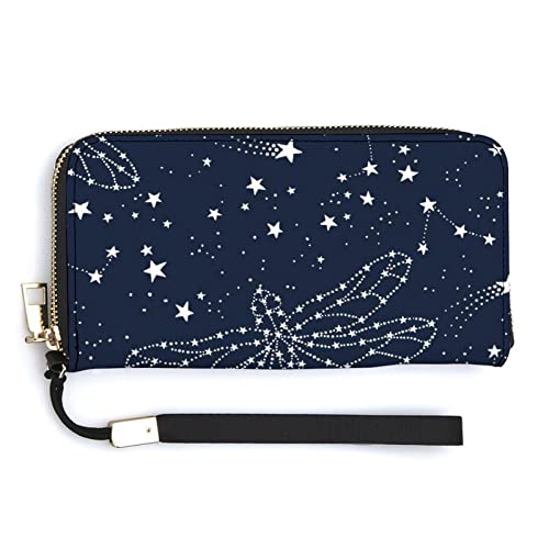 FunnyStar Dragonfly Constellations And Stars Women's Long RFID Hand Wallet Wristlet Clutch Purse PU Leather Handbag with Wrist Strap