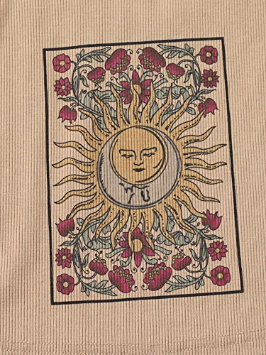 SOLY HUX Women's Spaghetti Strap Floral Sun Graphic Print Ribbed Knit Crop Cami Top Khaki M