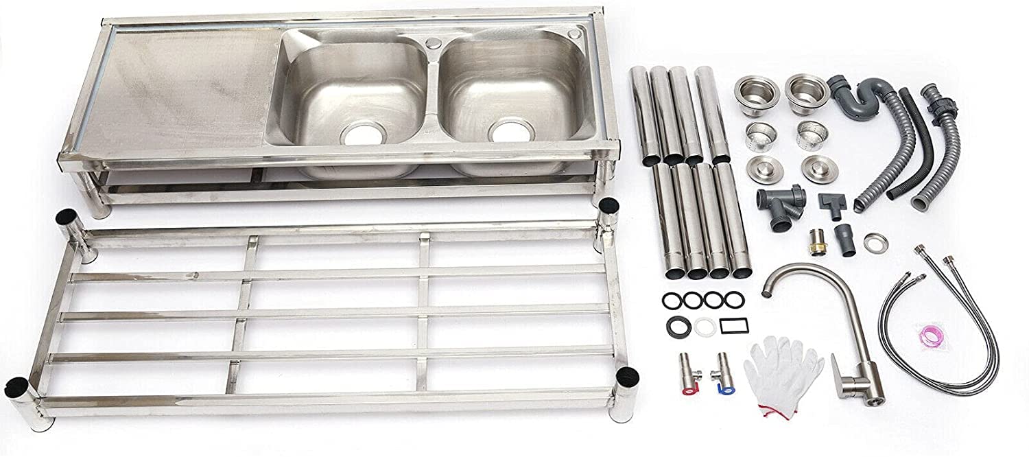 Commercial Restaurant Sink,Stainless Steel Utility Sink Free-standing Kitchen Sink,Double Bowl Kitchen Sinks with Strainer,304 Stainless Steel Freestanding Kitchen Sink
