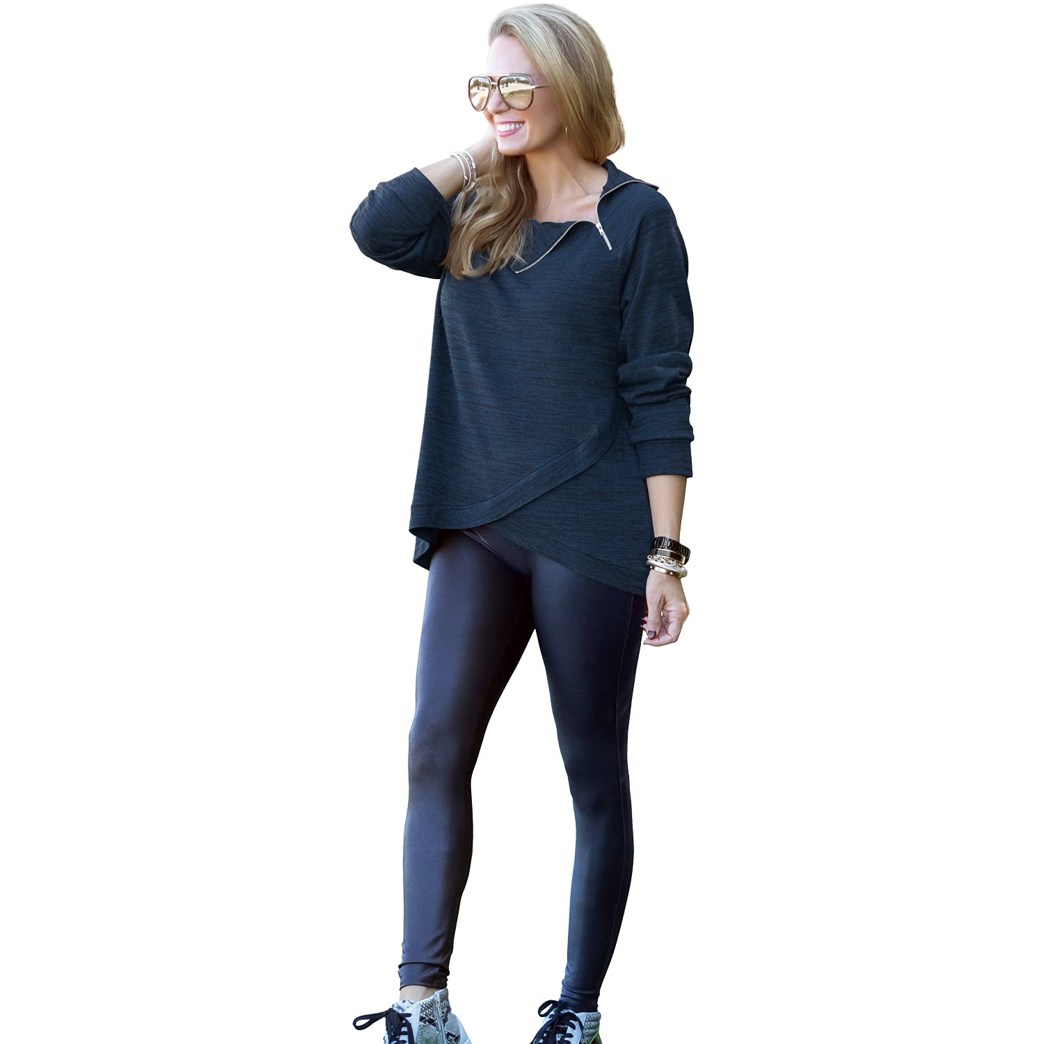 Davenil Women's Long Sleeve Pullover Tops Lightweight Cute Turtleneck Oblique Quarter Zip Sweatshirts with Irregular Hem Navy Size S