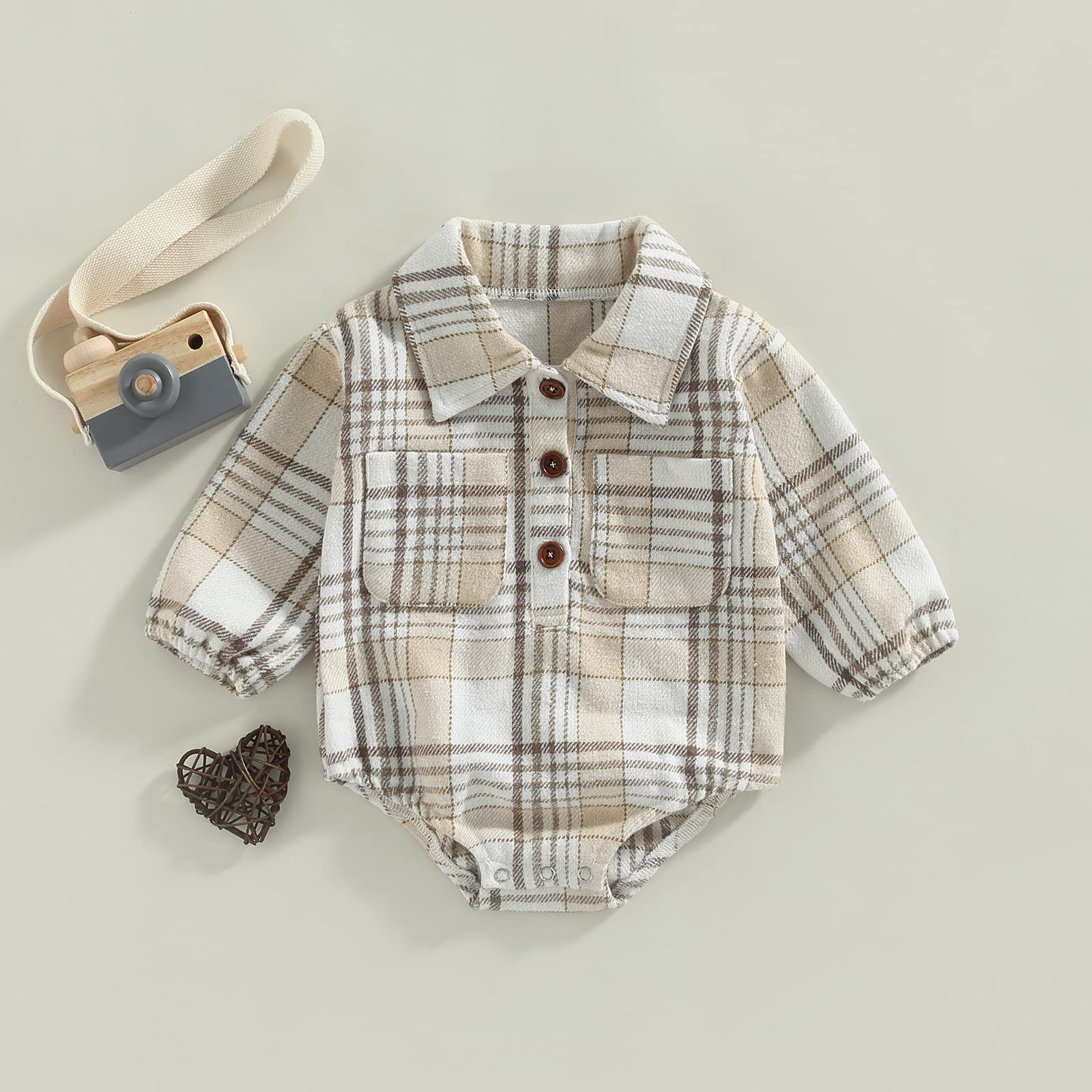 CIYCUIT Baby Boy Girl Flannel Plaid Shirt Long Sleeve Button Romper Bodysuit Fall Clothes Beige 3-6 Months