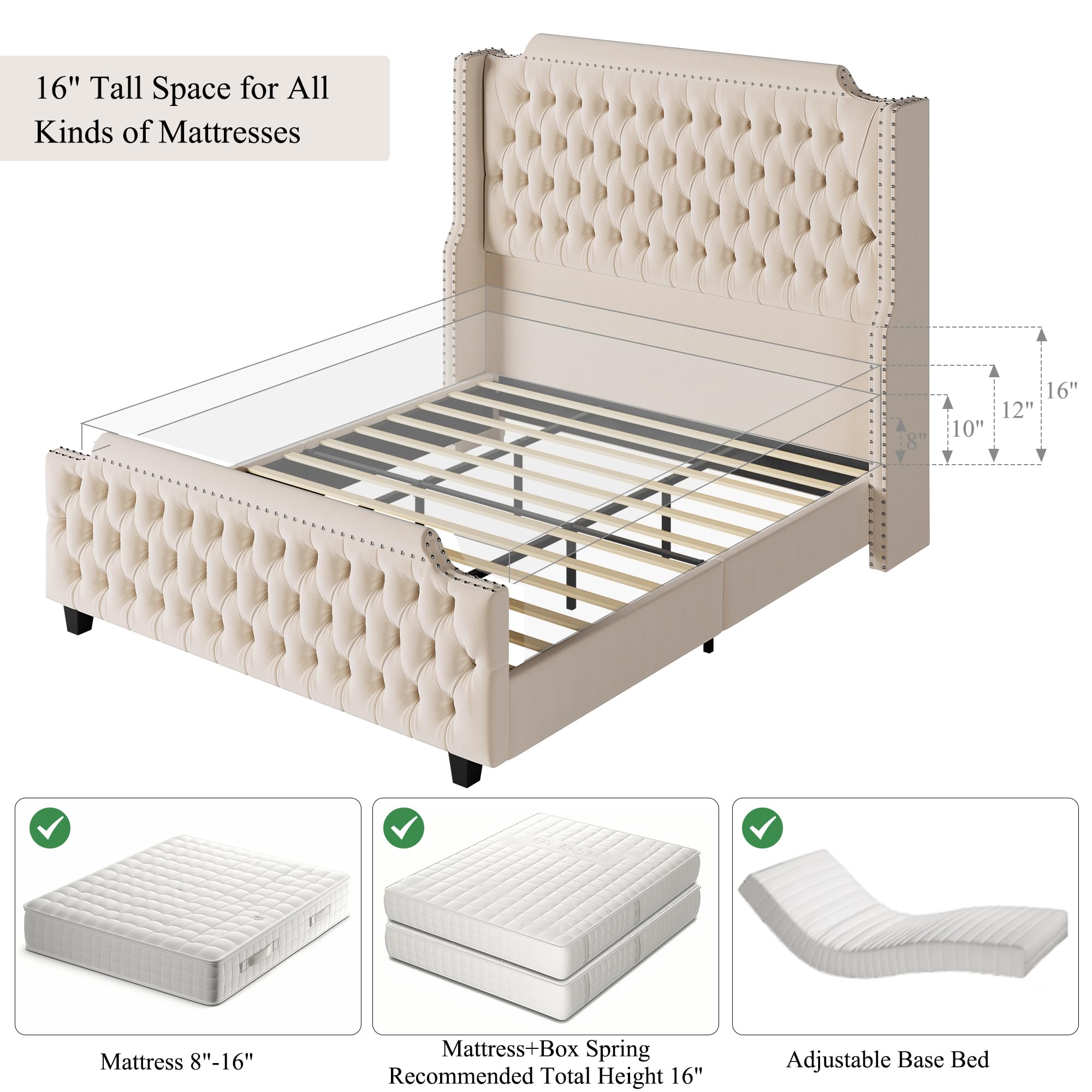 HOSTACK King Size Platform Bed Frame with 54" Tall Wingback Headboard & Deep Button Tufted Footboard, Velvet Upholstered Bed Frame with Handmade Pleats, Nailhead Trim, No Box Spring Needed, Cream