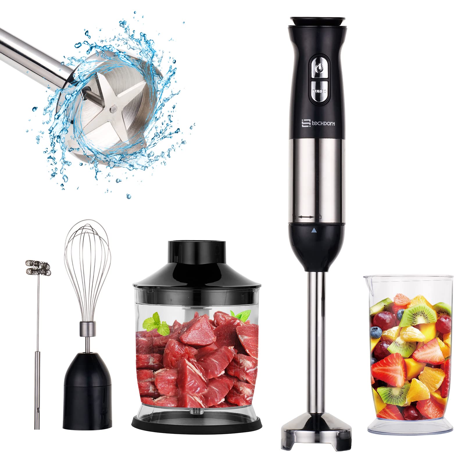 Immersion Hand Blender, 5 in 1 Multi-Purpose Hand Blender, 12 Speed+Turbo Stick Blender with 500ml Chopper, 700ml Beaker, Egg Whisk, Milk Frother, Black