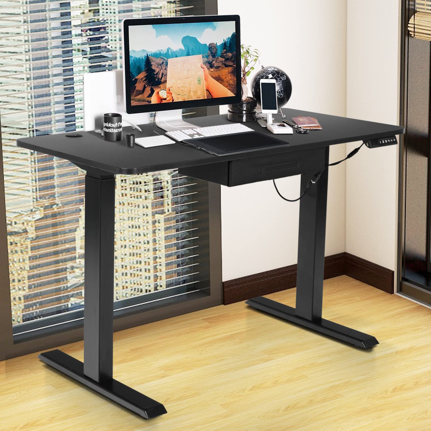 ENSTVER Electric Height Adjustable Standing Desk, 47 x 24 Inch Sit Stand Home Office Desk, Lift Workstation with Drawer, Stand up Table(Black Steel Frame/Black Top)