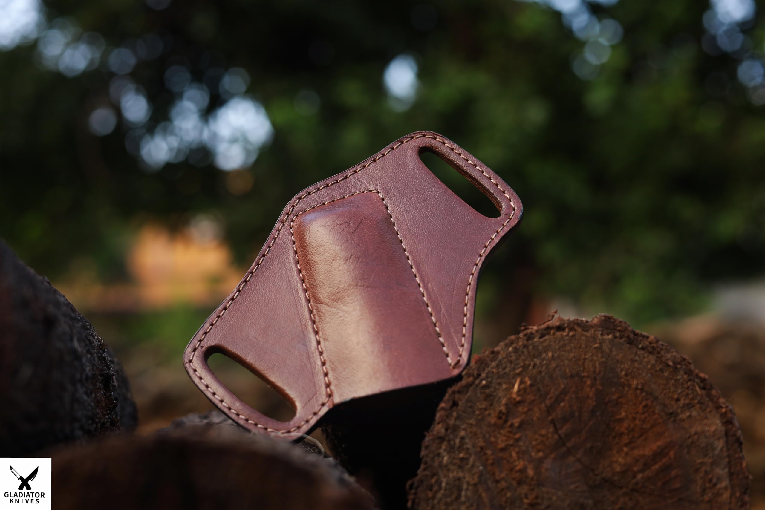 Handmade Leather Sheath for Pocket Knives, Slanted Pancake/Tooled/Belt/Trapper Style, TAN, 100% Real Leather (Brown)