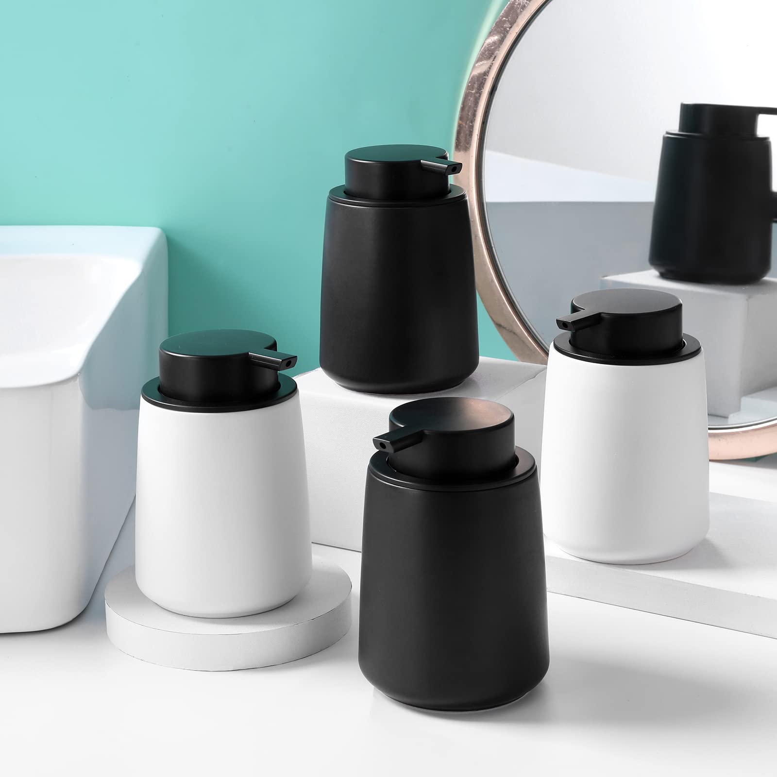 Foaming Hand Soap Dispenser Ceramic, Foam Dish Soap Dispenser for Bathroom and Kitchen Sink, Liquid Pump Bottle for Shampoo, Body Wash, Black, 2 Pack