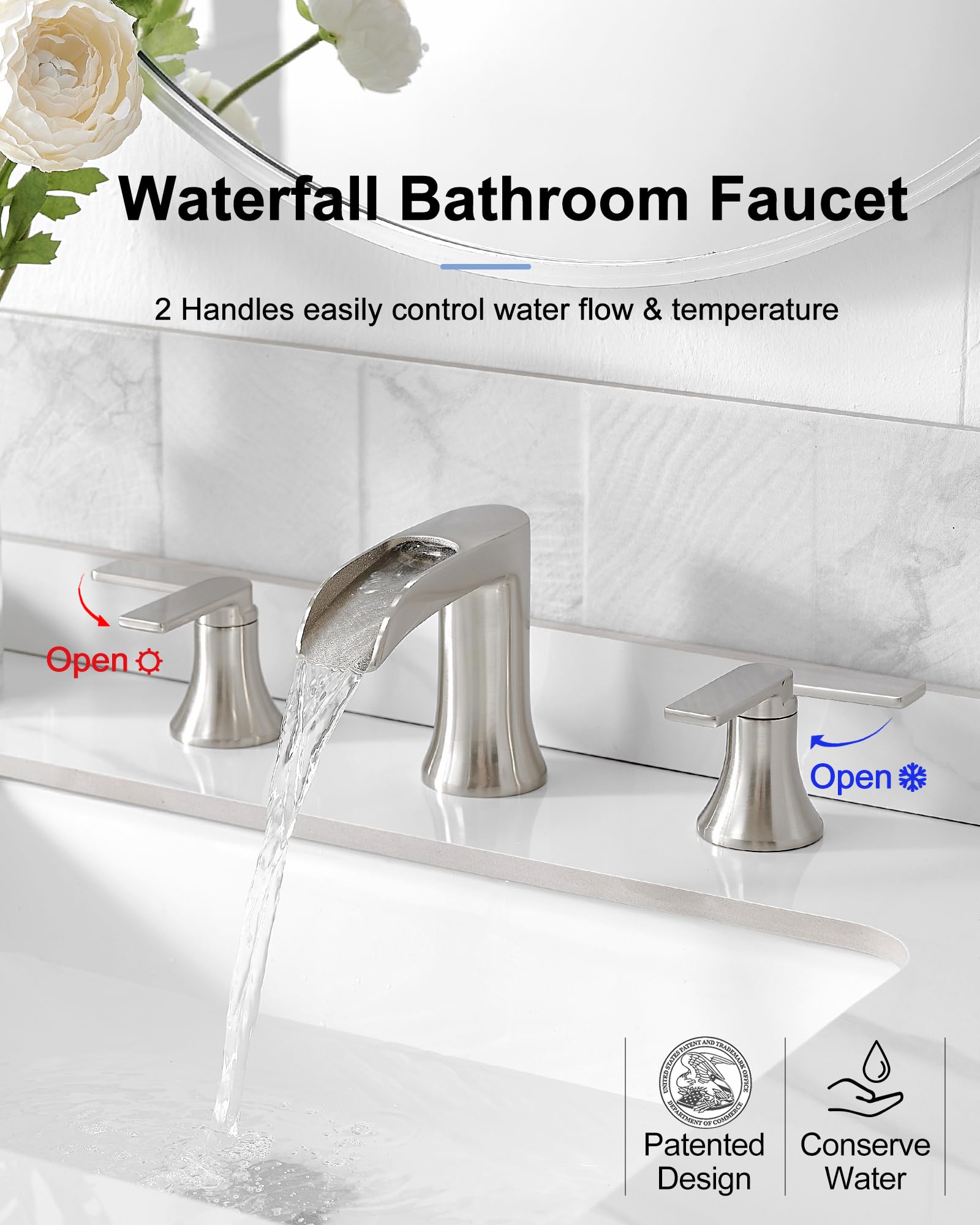 HOIGY Brushed Nickel Widespread Bathroom Faucet, 2 Handles Waterfall Faucet, Bathroom Faucets for Sink 3 Hole, 8 Inch Solid Brass Bathroom Sink Faucets for Vanity Lavatory Restroom with Pop Up Drain