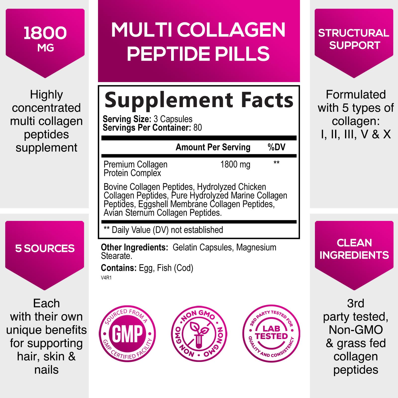 Collagen for Women & Men, Type I, II, III, V, X Collagen Pills Complex, Grass Fed Non-GMO, Nature's Hydrolyzed Multi Collagen Peptides Supplement, Hair, Skin, Nail, Joint Health Support - 240 Capsules