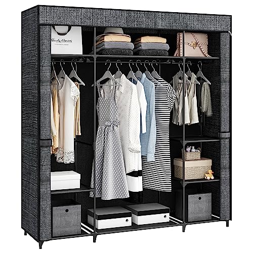 Hzuaneri Closet Wardrobe, 64.5-inch Portable Closet for Bedroom, 3 Clothes Rail Clothes Rail with Fabric Cover, Clothes Storage Organizer, 64.5 x 17.3 x 70 Inches, 9 Compartments, Black WO0203BC