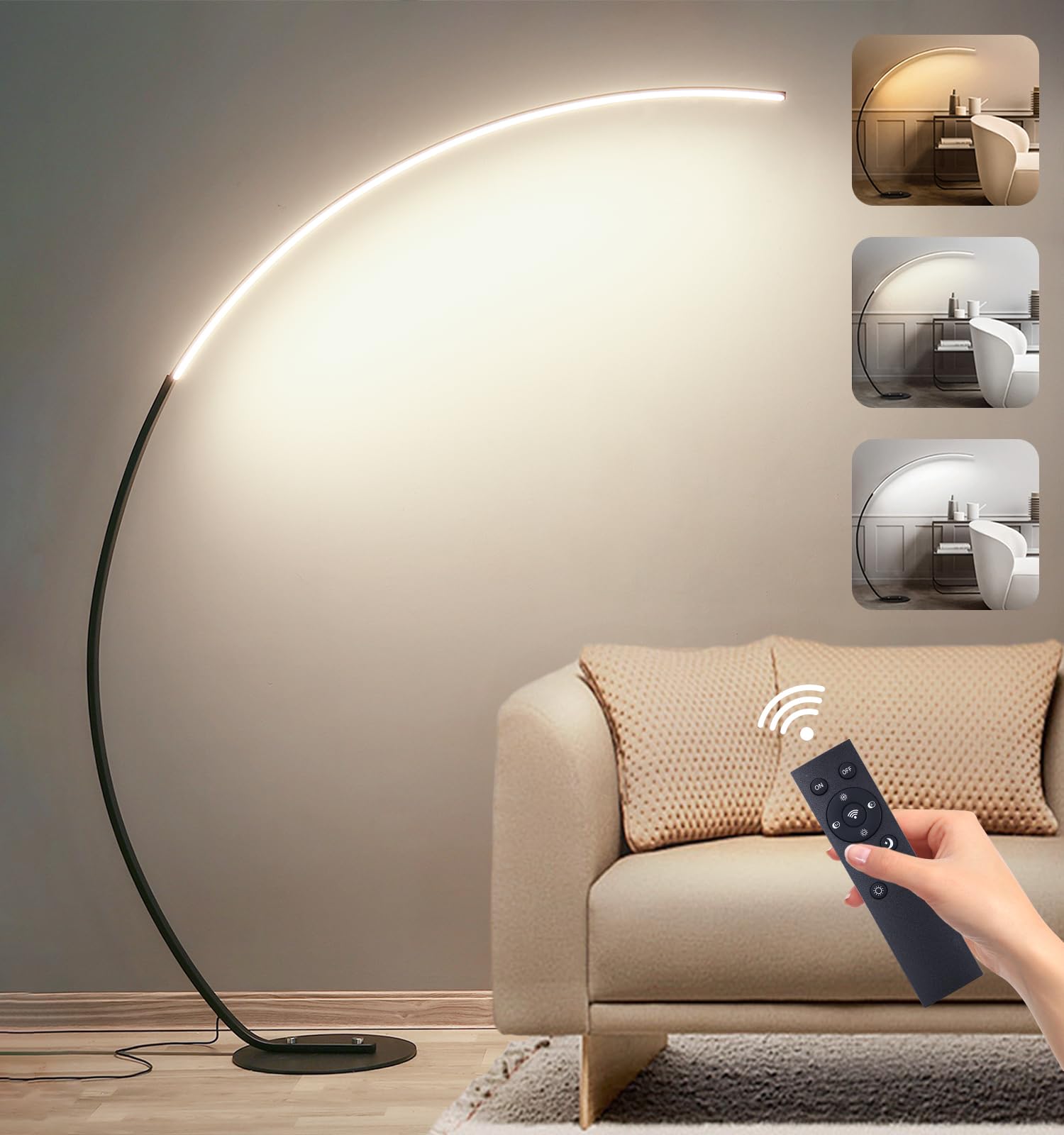 Dimmable Arc Floor Lamp with Remote Control, 67'' Black Modern LED Standing Lamps Tall Lamp, Arched Floor Lamp for Living Room, 3 Color Temperatures, Reading Floor Lamps for Bedroom Office Home