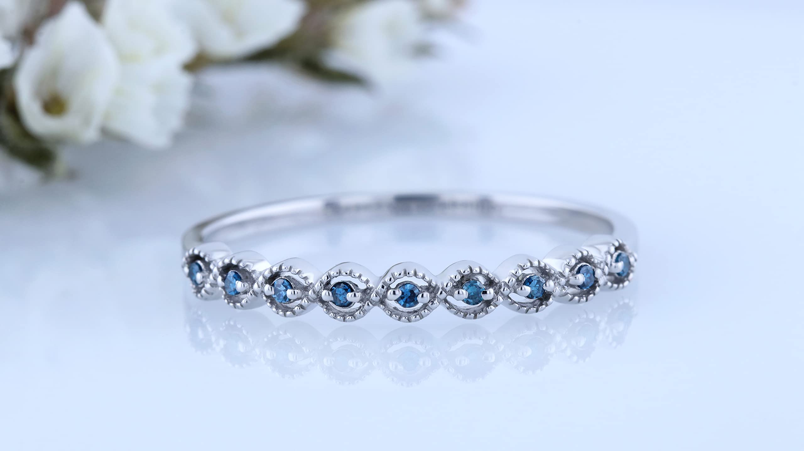Dazzlingrock Collection 0.10 Carat (Cttw) Round Blue Diamond 9 Stone Minimalist Stackable Wedding Ring for Women in 925 Sterling Silver, Size 8.5