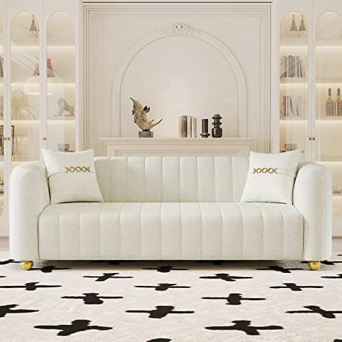 Kadway Lambswool Sofa for Living Room, 84" Mid-Century Modern Beige Couch, Luxury Loveseat Sofa Couch, Sectional Love seat Sofa Couch with Gold Legs, Upholstered Sofa for Apartment Bedroom Home Office