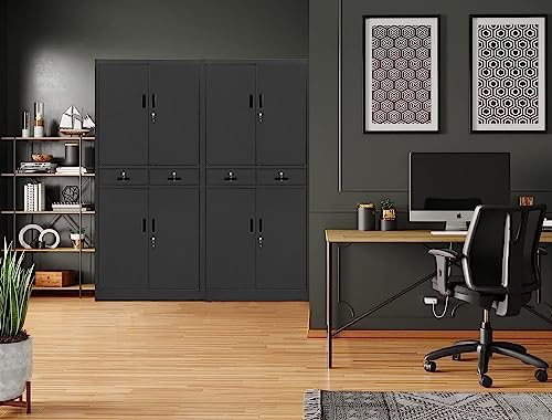CJF Metal Storage Cabinet with Adjustable Shelves and Drawers, Locking Steel Storage Cabinet for Pantry, Office, Garage, Home, School, Utility (Black)