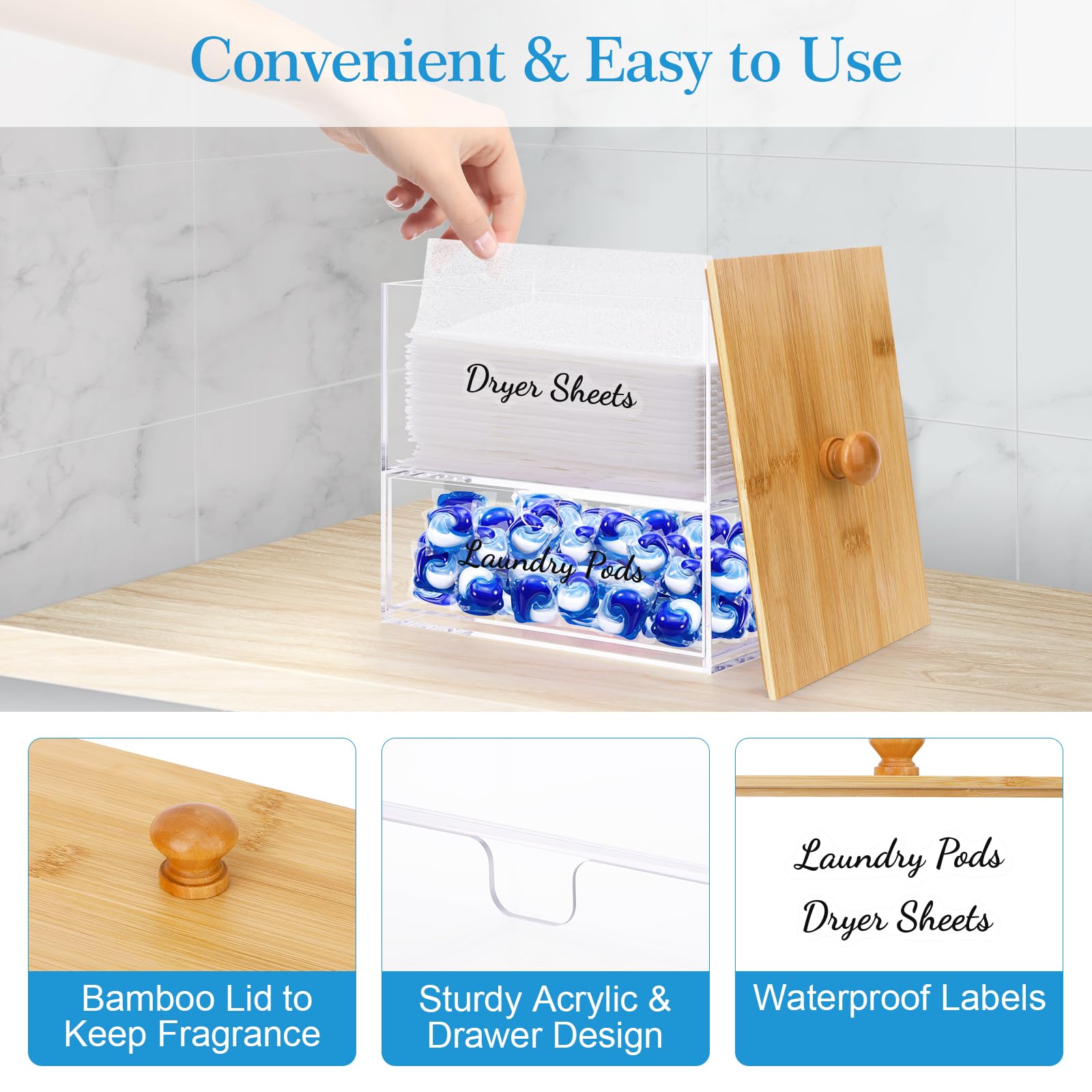 JYPS Acrylic Dryer Sheet Holder with Drawer and Bamboo Lid, Clear Laundry Room Organization and Storage,Dryer Sheet Laundry Pods Containter Box for Laundry Room Decor