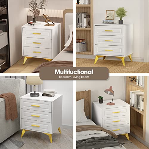 Giluta 3 Drawers Nightstand, Modern Bedside Table with Solid Metal Legs & Handles, White Gold Wood Chest of Drawers, Sofa End Side Table for Bedroom Living Room Hallway, 15.75" D x 19.7" W x 24" H
