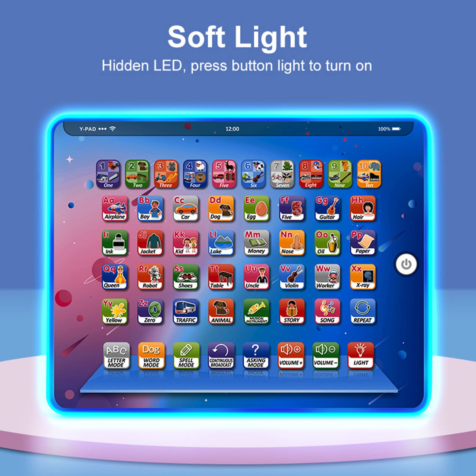 Gspmoly Kids Tablet Boys Learning Pad with LED Light Teach Alphabet, Numbers, Math, Early Development Interactive Electronic Toy, Ideal Xmas Gifts for Boy Girls, Parent-Child Interaction
