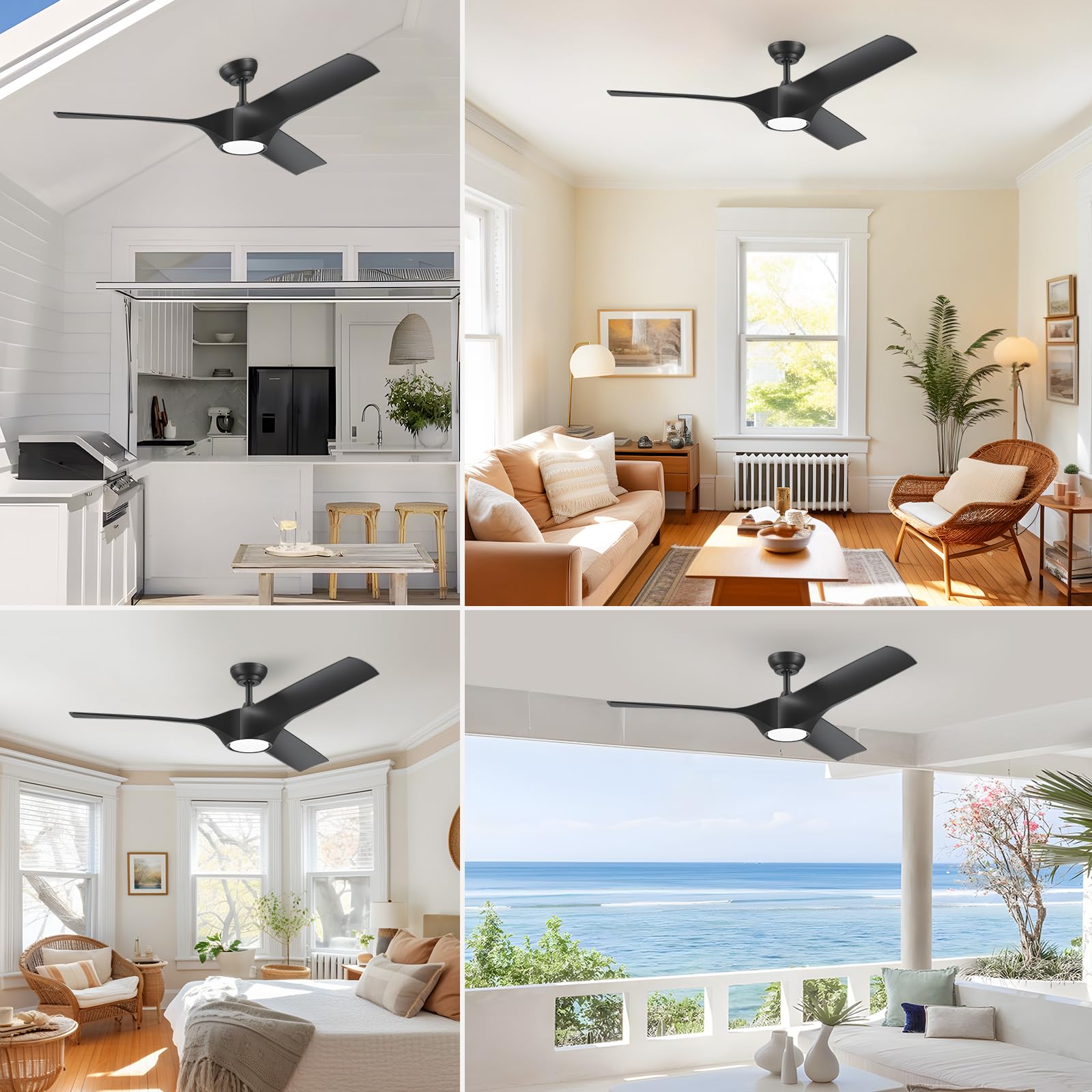 CJOY 56 inch Black Ceiling Fan, Dimmable Ceiling Fans with Lights, 3 Reversible ABS Fan Blades, Silent DC Motor, Modern Fans Lights with Remote, 6 Speeds, Timer, Indoor/Outdoor