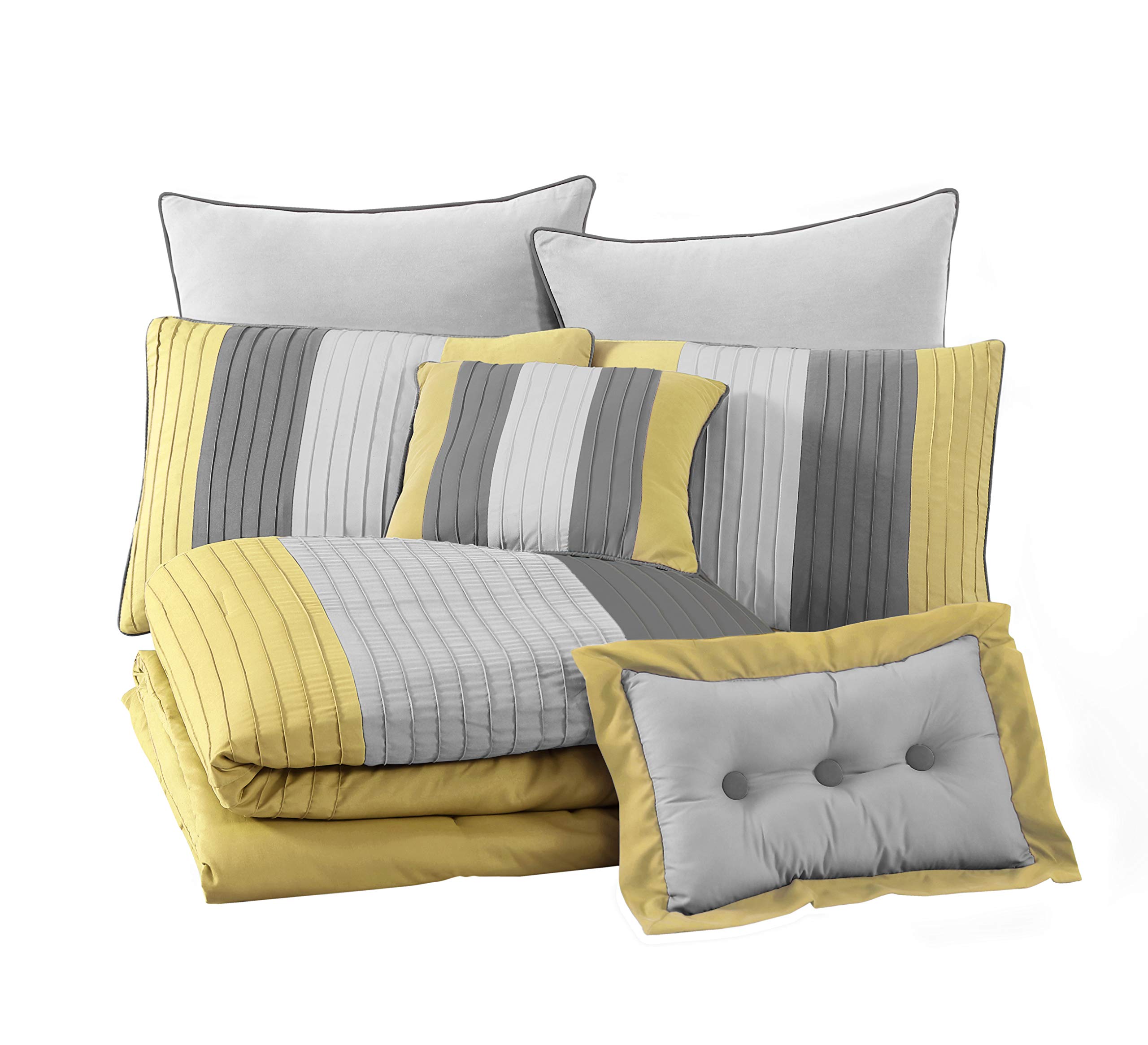 Chezmoi Collection 8-Piece Luxury Striped Comforter Set (Queen, Yellow/Gray/Paloma)