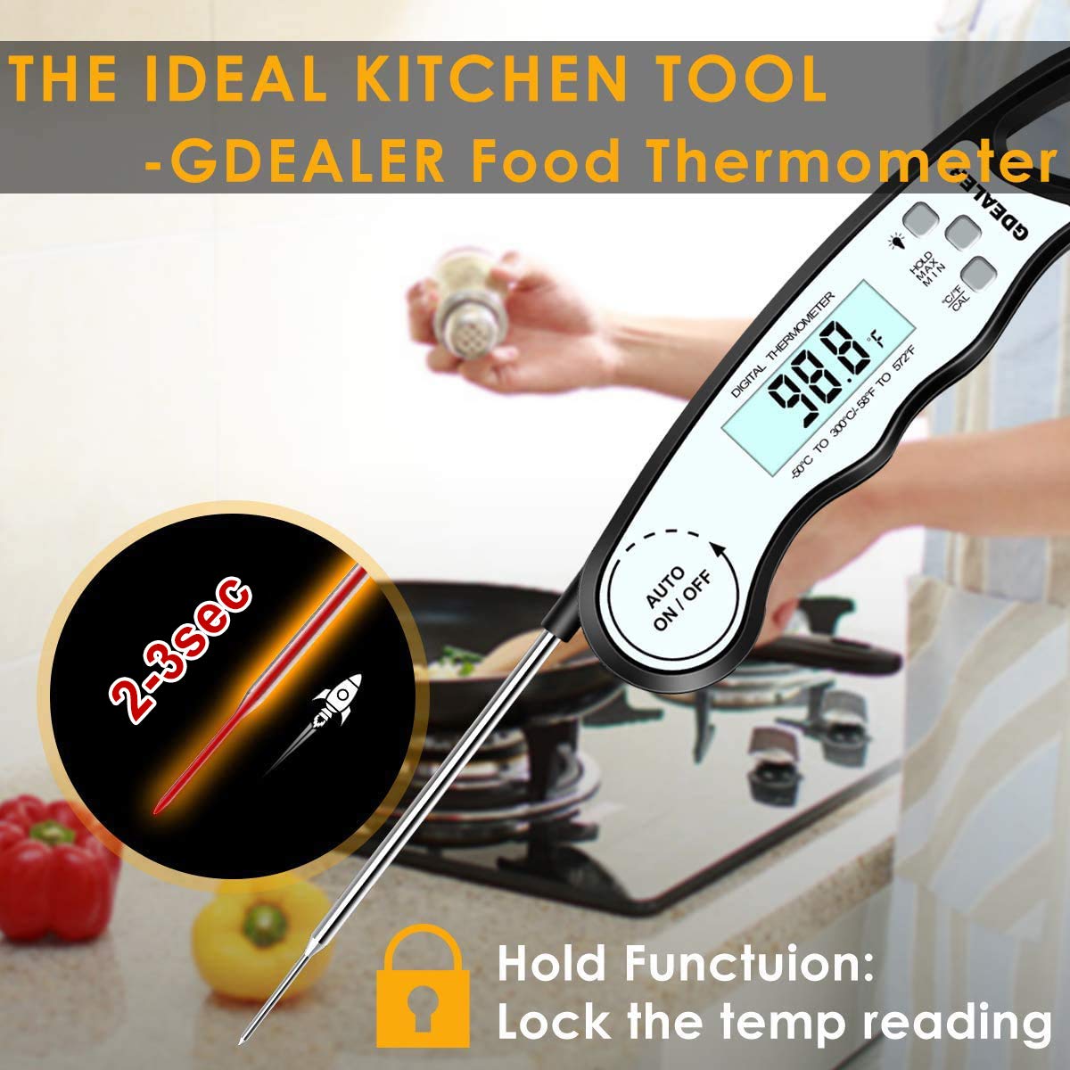 GDEALER Meat Thermometer Digital Instant Read Thermometer Ultra-Fast Cooking Food Thermometer with 4.6β Folding Probe Calibration Function for Kitchen Milk Candy, BBQ Grill, Smokers (Black)
