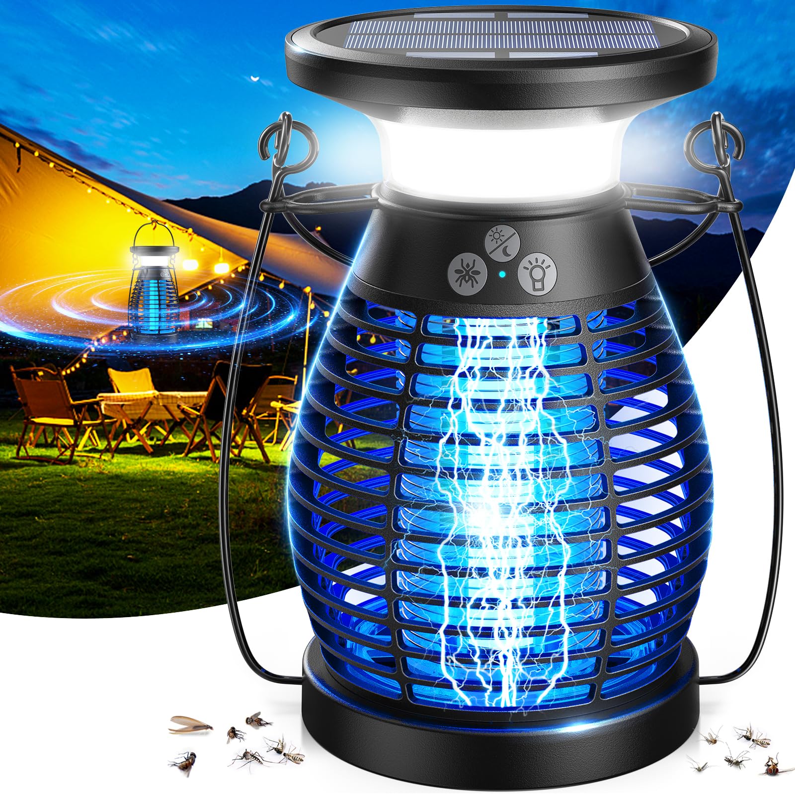 GTERT Solar Bug Zapper, 4200V Mosquito Zapper Outdoor, 4 in 1 Cordless Bug Zapper, Rechargeable Bug Zapper Outdoor Solar Powered with 4000mAh Battery, Portable Waterproof Fly Zapper for Patio
