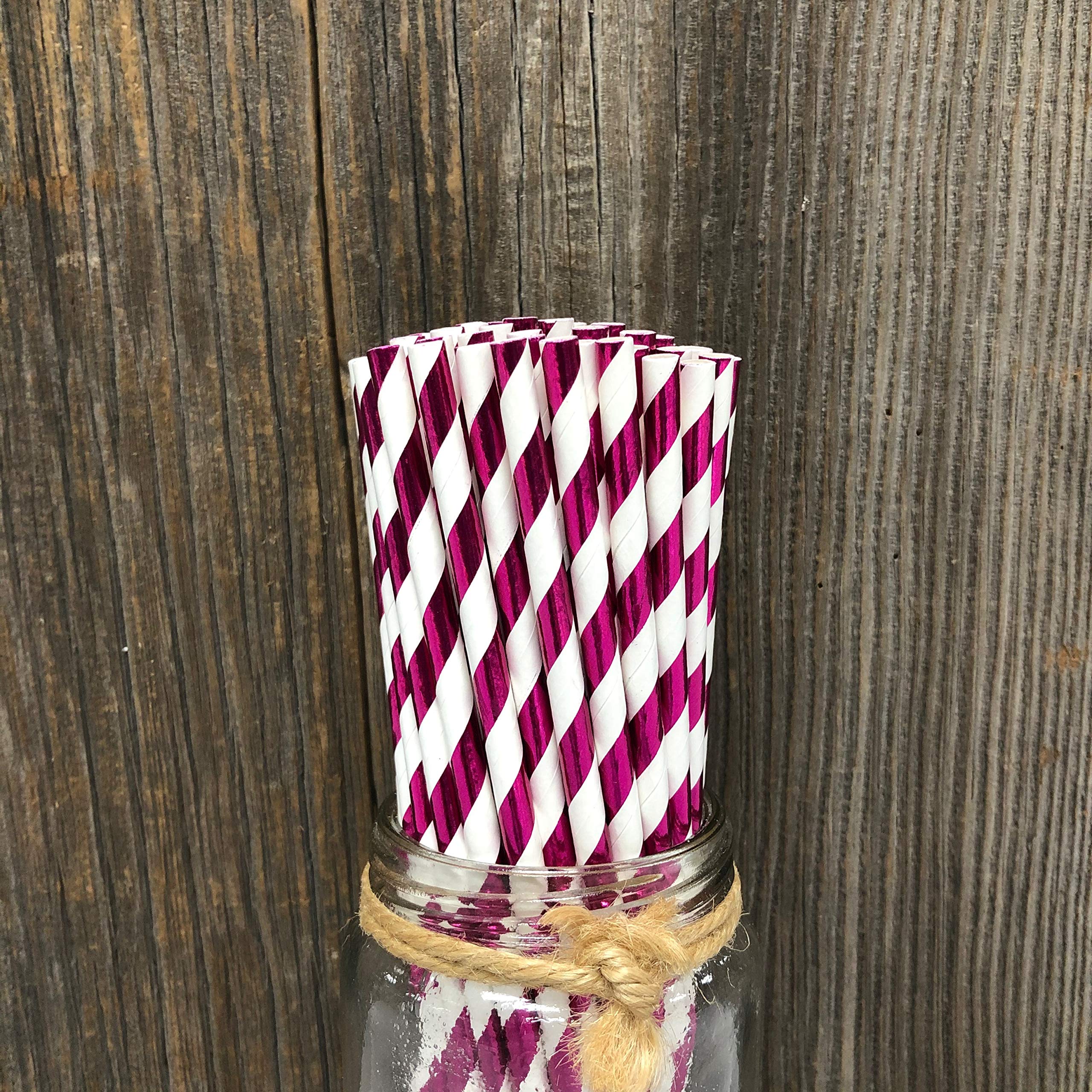 Foil Paper Straws - Hot Pink and White - Stripe Foil Paper Straws - Birthday, Valentine, Glam Party Supply - 100 Pack Outside the Box Papers Brand