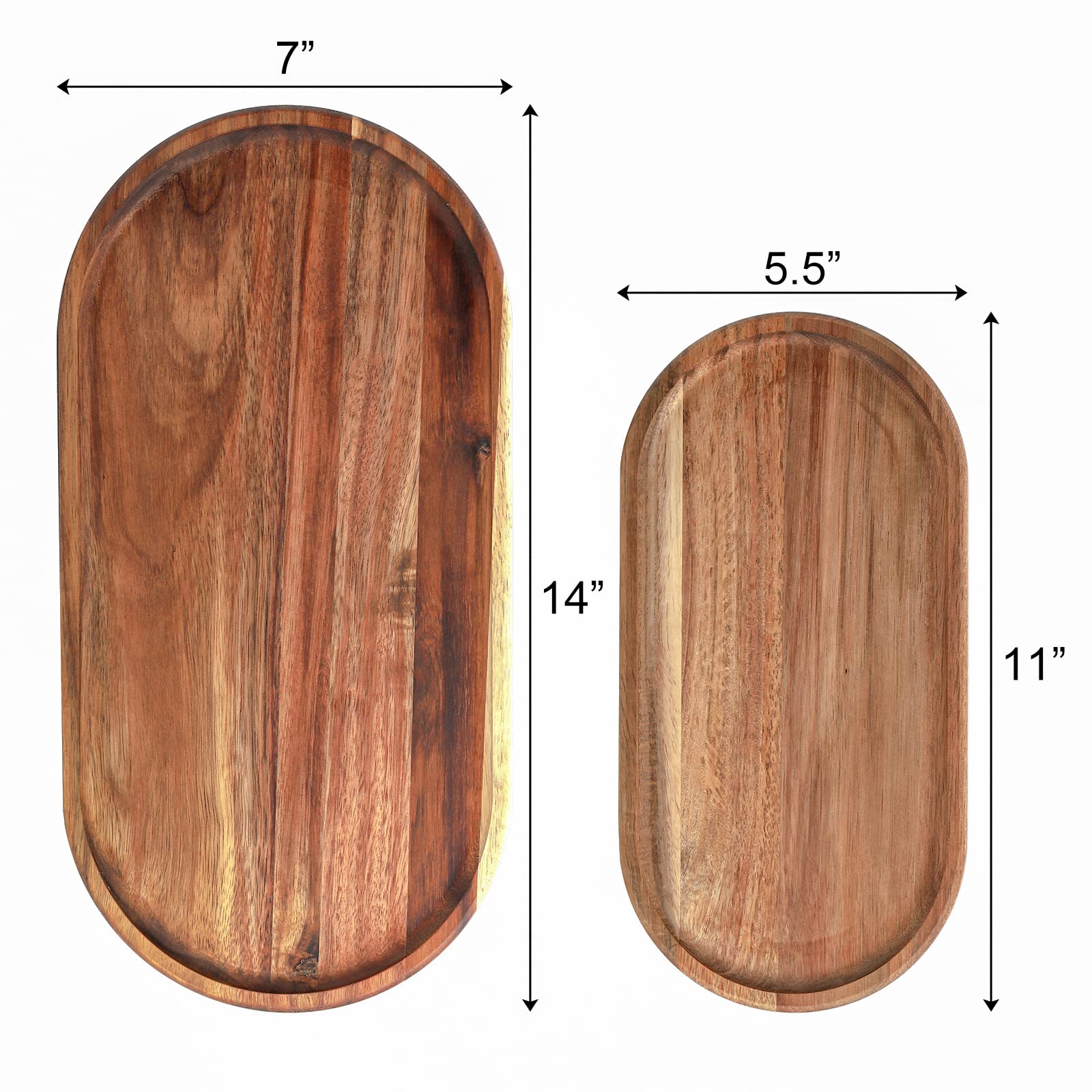 Elsjoy Set of 2 Acacia Wooden Serving Trays, Natural Wood Serving Platters Set with Lip, Oval Charcuterie Plates Board Rustic Long Bread Fruit Dishes for Kitchen Decor, 14"x7" and 11"x5.5"